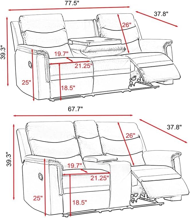 FULife 3+2 Modern Upholstered Manual Sectional Sofa Set with 1 Center Console&4 Cup Holders,Three Seaters Recliner Sofá and Loveseat Couch for Living Room/Apartment/Office/Theater, Gray PU A+B 77.5"W