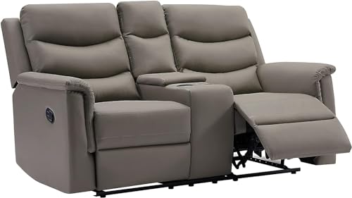 FULife 3+2 Modern Upholstered Manual Sectional Sofa Set with 1 Center Console&4 Cup Holders,Three Seaters Recliner Sofá and Loveseat Couch for Living Room/Apartment/Office/Theater, Gray PU A+B 77.5"W