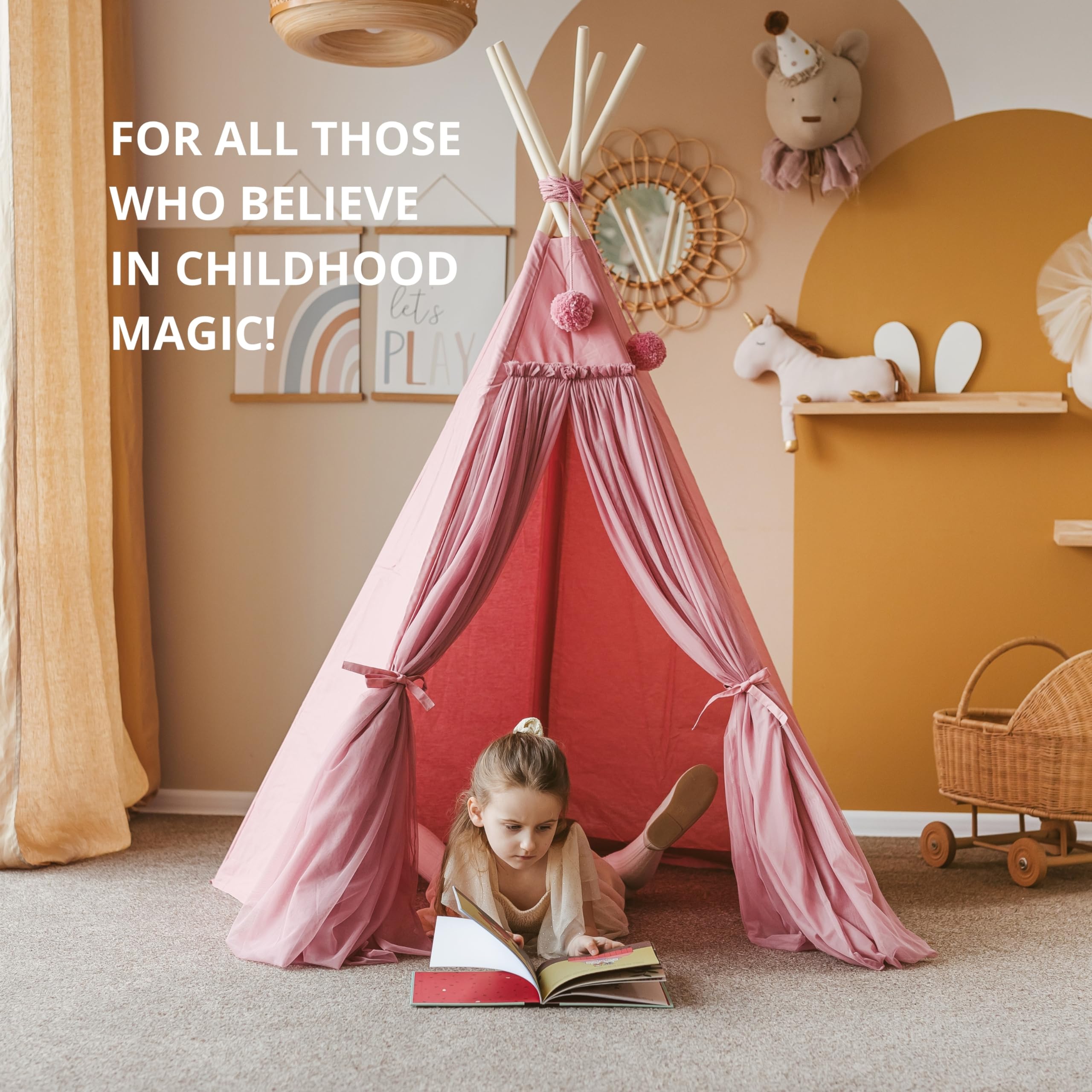 MINICAMP Teepee Tent - Handmade Canvas, Tulle & Wooden Playhouse for Kids & Toddlers, Princess Sleepover Tent (Pink)