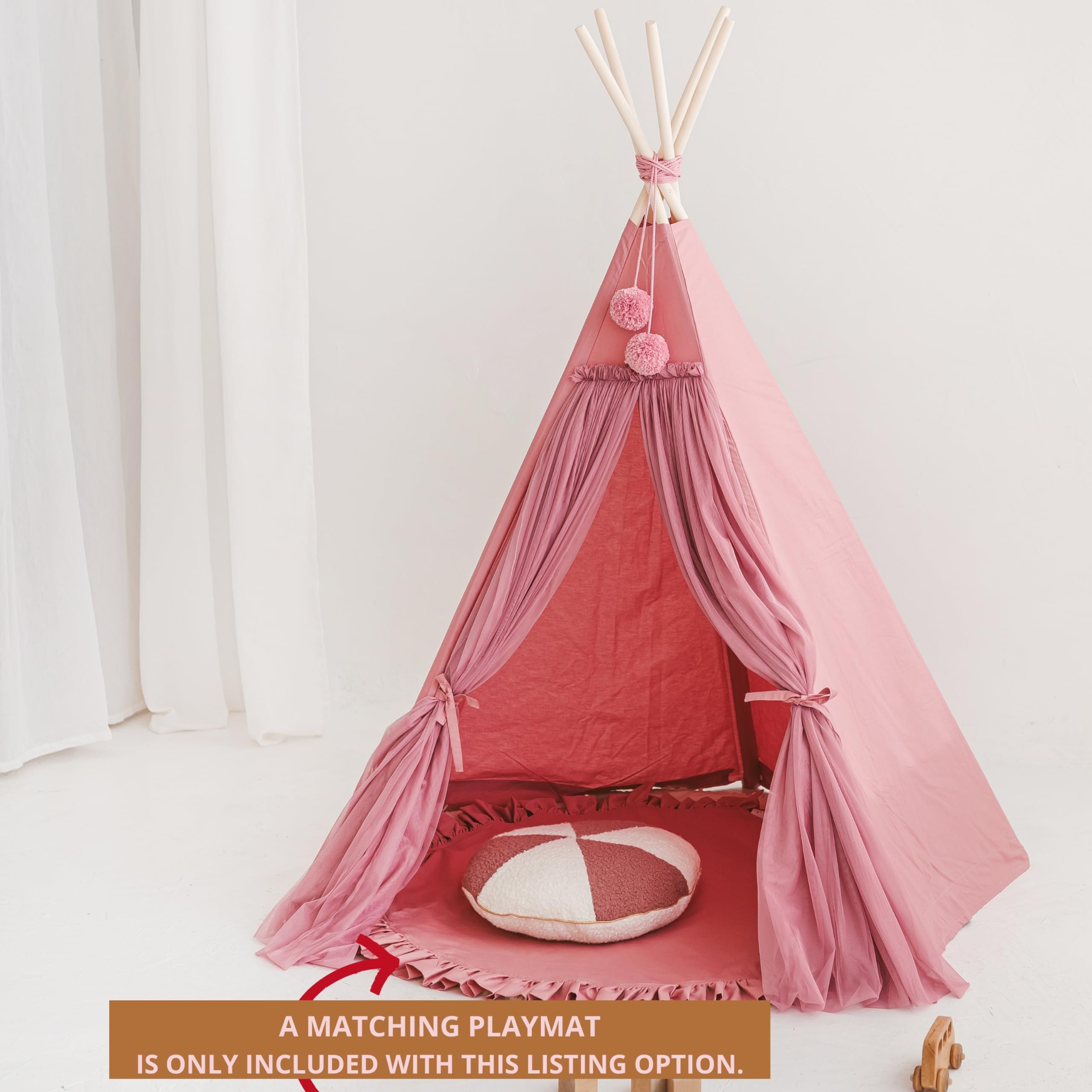 MINICAMP Teepee Tent - Handmade Canvas, Tulle & Wooden Playhouse for Kids & Toddlers, Princess Sleepover Tent (Pink)