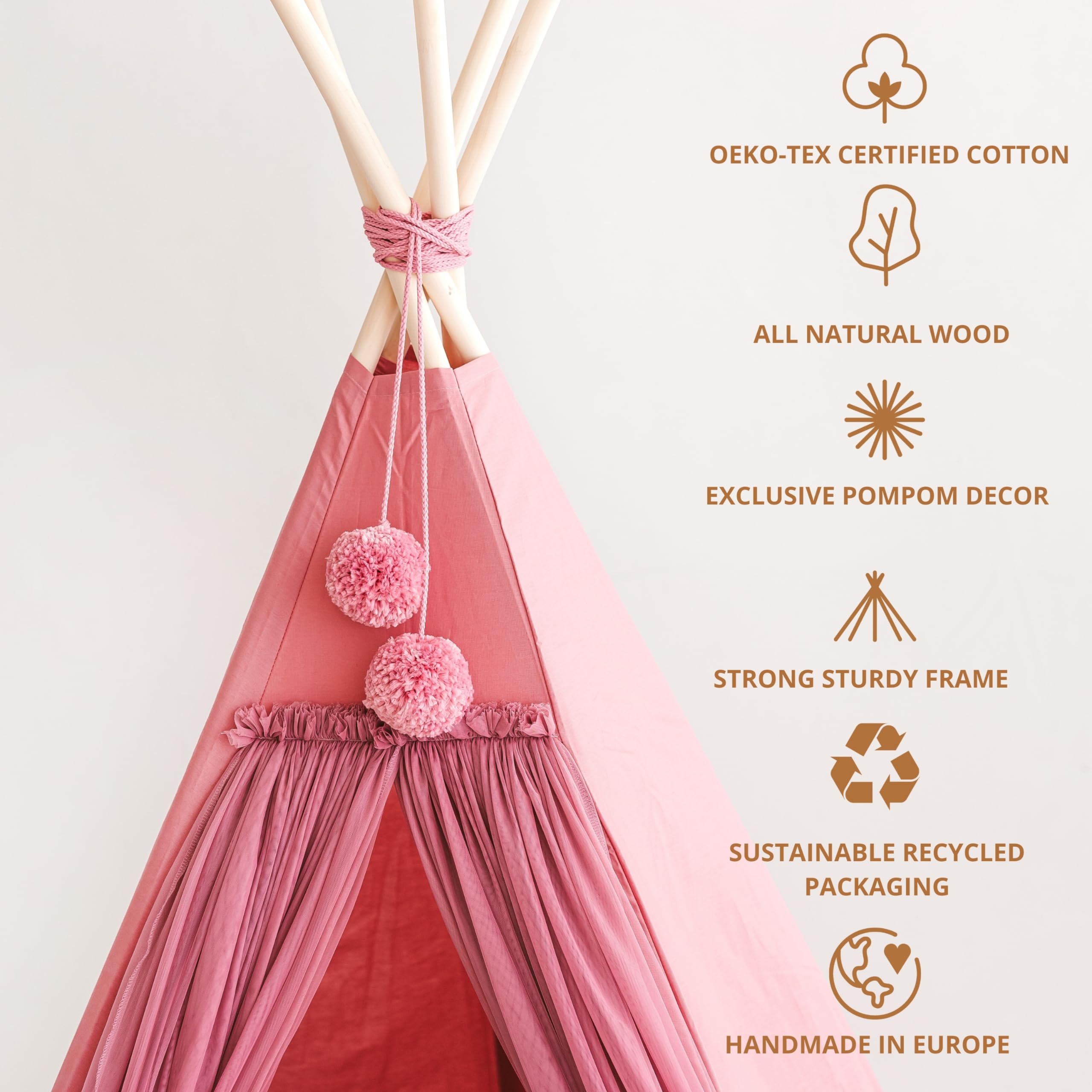 MINICAMP Teepee Tent - Handmade Canvas, Tulle & Wooden Playhouse for Kids & Toddlers, Princess Sleepover Tent (Pink)