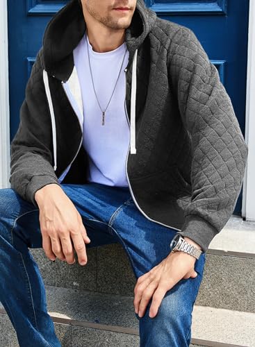 JMIERR Mens Hoodie Sweatshirt Casual Long Sleeve Full Zip Jacket with Pockets Quilted Hoodies for Men,US 43(L),A Grey