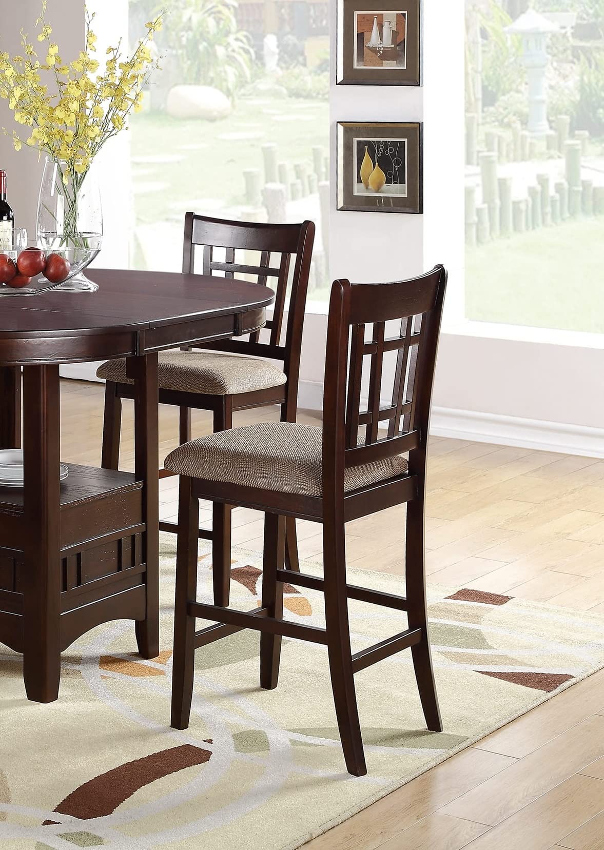 Gecheer Set of 2 Chairs Dining Room Furniture Brown Solid Wood Counter Height Chairs Upholstered Cushioned Unique Back