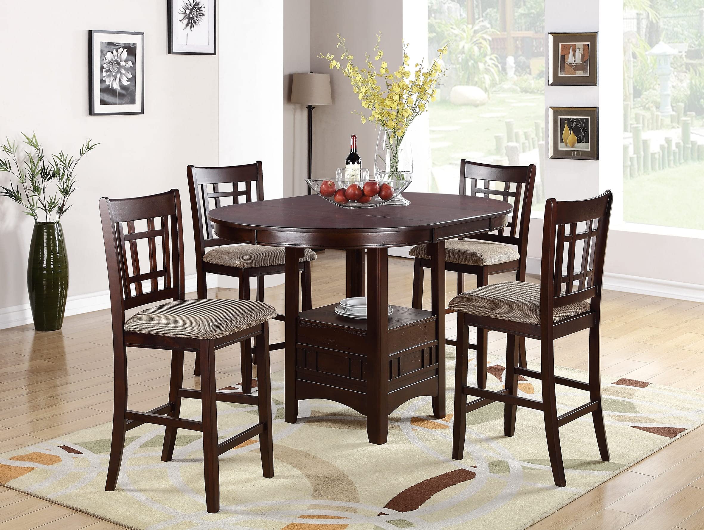 Gecheer Set of 2 Chairs Dining Room Furniture Brown Solid Wood Counter Height Chairs Upholstered Cushioned Unique Back
