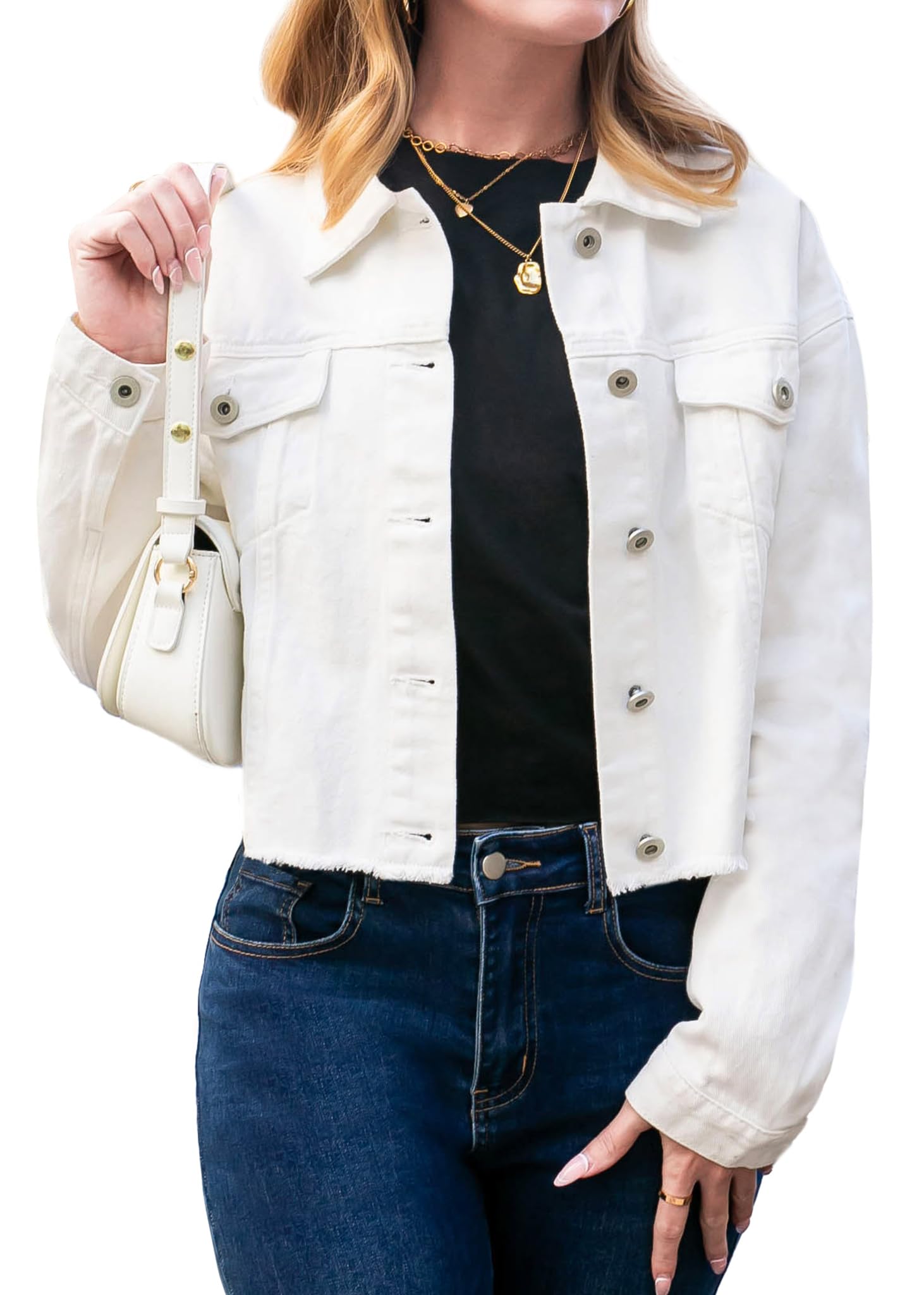 Anna-Kaci Women's Denim Jacket Cropped Raw Hem Casual Button Down Jean Jacket with Pockets, White, Large