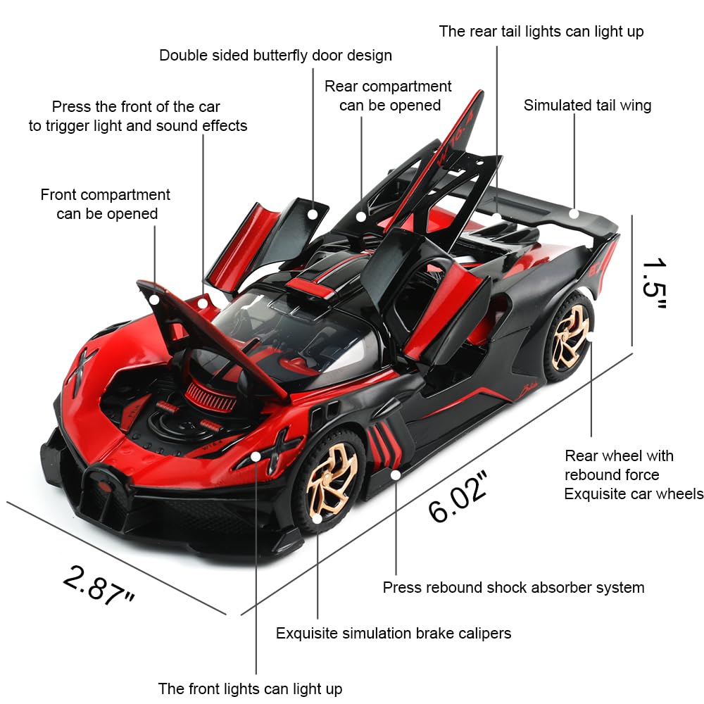Diecast Toy Car Bugatti Bolide Sports Car Model,Zinc Alloy Simulation Casting Pull Back Vehicles,1:32 Scale Mini Electronic Supercar Toys with Lights and Music for Toddlers Kids Children Gift
