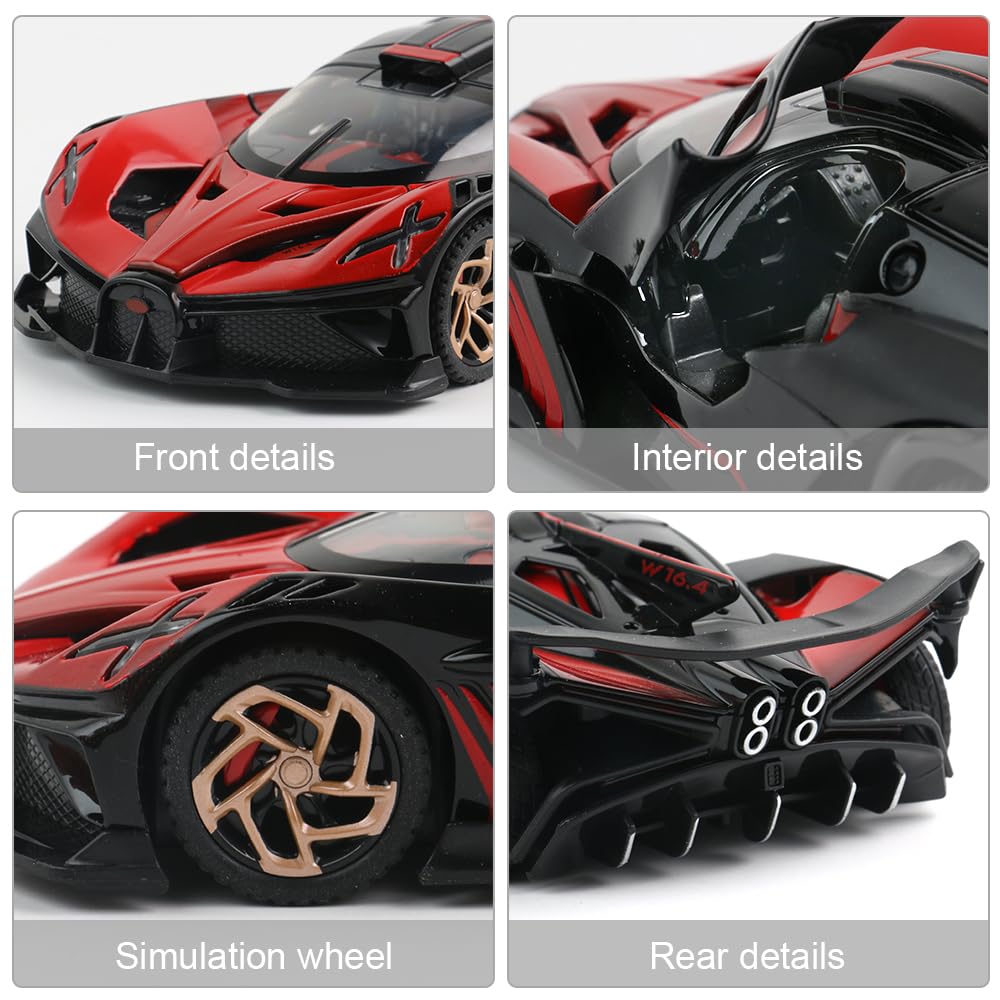 Diecast Toy Car Bugatti Bolide Sports Car Model,Zinc Alloy Simulation Casting Pull Back Vehicles,1:32 Scale Mini Electronic Supercar Toys with Lights and Music for Toddlers Kids Children Gift