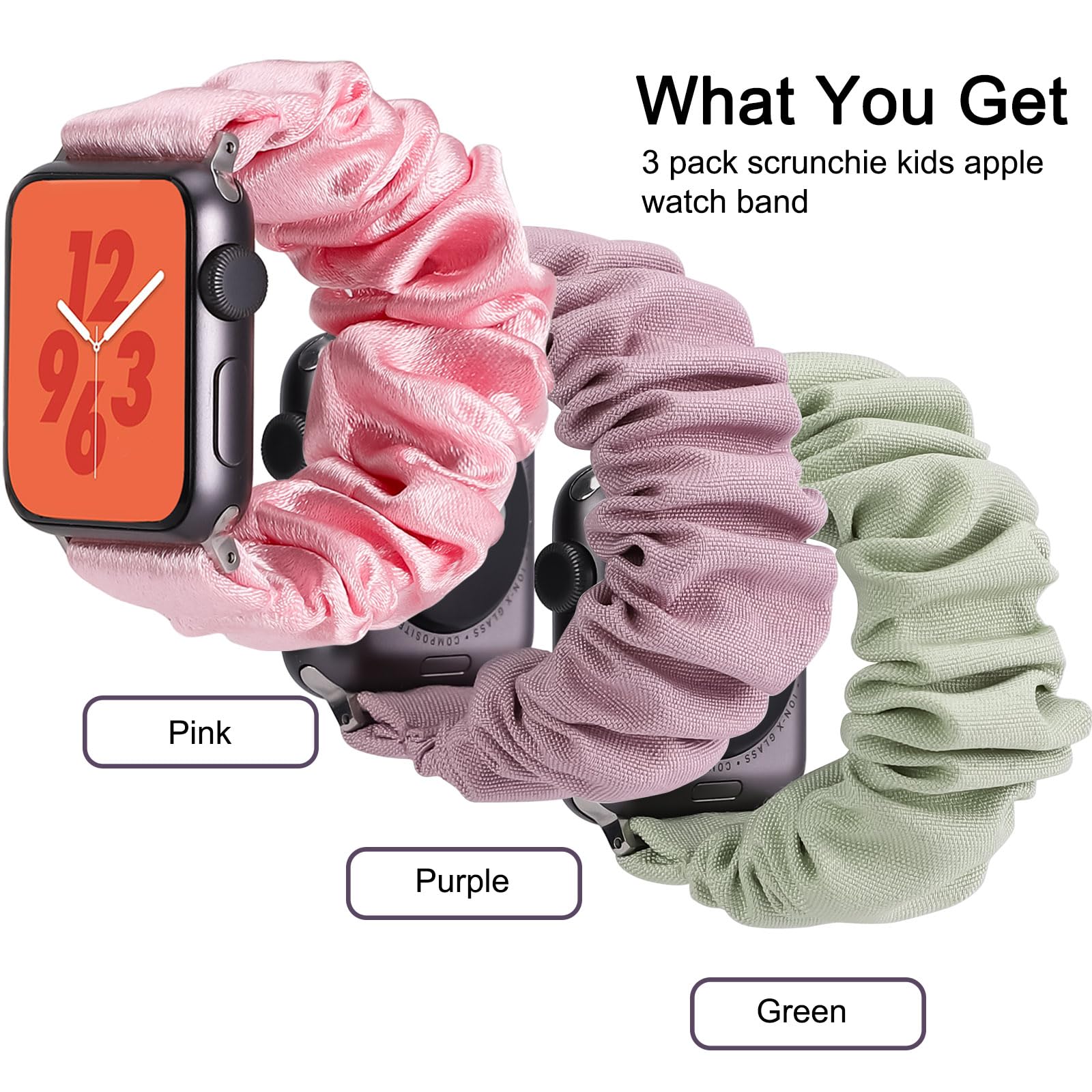 [3 Pack] Scrunchie Band Compatible with Kids Apple Watch Band 38mm 40mm 41mm & 42mm 44mm 45mm,Cute Printed Elastic Solo Loop Bands for iWatch Series 9/8/7/6/5/4/3/SE/SE2/Ultra 2/Ultra,Boys & Girls