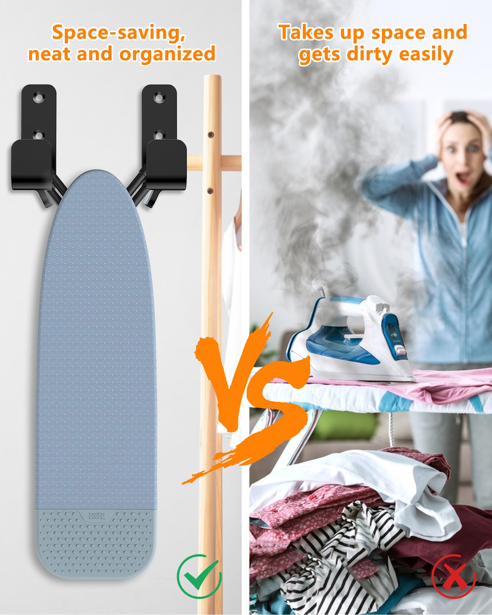 MUSVOH Ironing Board Wall Mount, Stainless Steel Ironing Board Hanger for Laundry Room, Adjustable Distance Holder Hook Wall Mount, Black