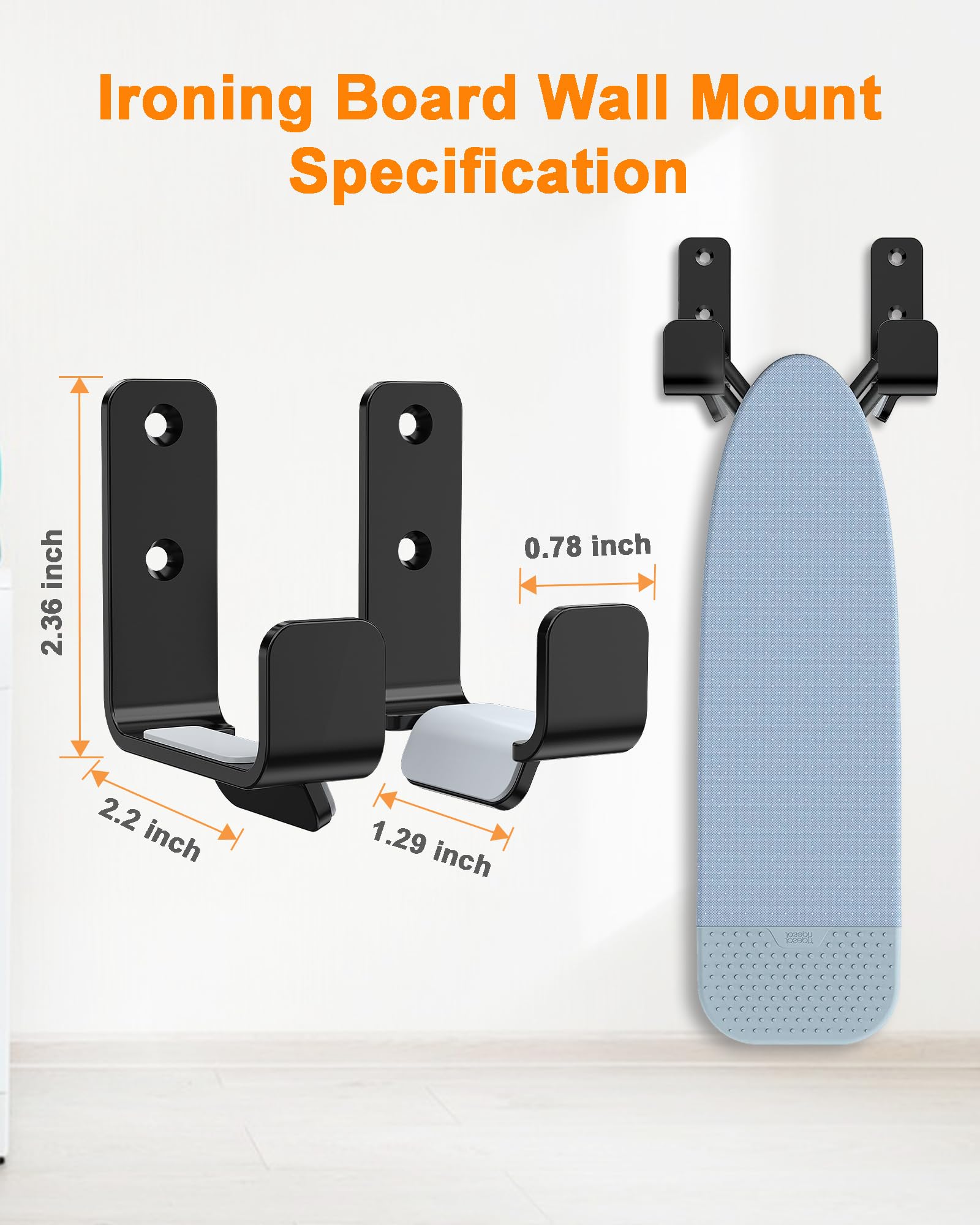 MUSVOH Ironing Board Wall Mount, Stainless Steel Ironing Board Hanger for Laundry Room, Adjustable Distance Holder Hook Wall Mount, Black