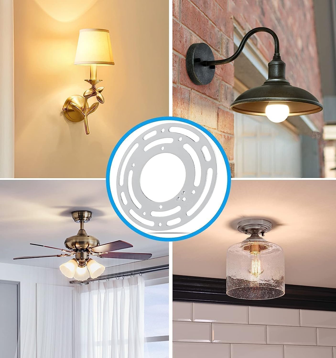 2 Pack Light Fixture Mounting Bracket 4 Inches Diameter,Round Universal Light Crossbar, with Ground Screw and Acorn Cap Nuts for Mount Wall Light