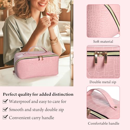 Sanshisi Travel Makeup Bag, Waterproof Leather Portable Cosmetic Travel Bag for Women Large Capacity Cosmetic Organizer Pouch with Compartments and Handle, Pink