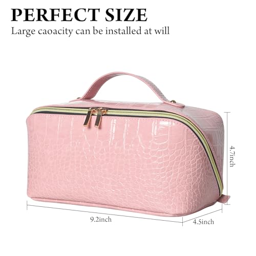 Sanshisi Travel Makeup Bag, Waterproof Leather Portable Cosmetic Travel Bag for Women Large Capacity Cosmetic Organizer Pouch with Compartments and Handle, Pink