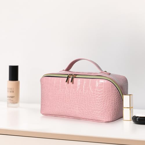 Sanshisi Travel Makeup Bag, Waterproof Leather Portable Cosmetic Travel Bag for Women Large Capacity Cosmetic Organizer Pouch with Compartments and Handle, Pink
