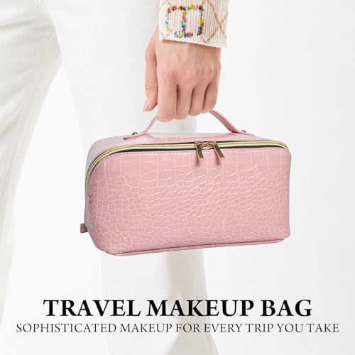 Sanshisi Travel Makeup Bag, Waterproof Leather Portable Cosmetic Travel Bag for Women Large Capacity Cosmetic Organizer Pouch with Compartments and Handle, Pink