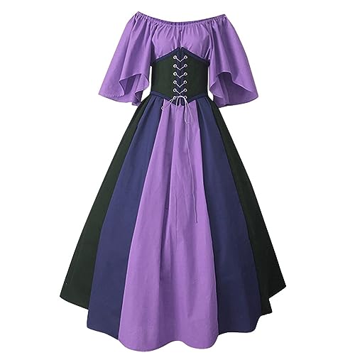 JDHUFEI Renaissance Dress Women Casual Medieval Vintage Dress with Corset Puff Sleeve Round Neck Gothic Clothes Patchwork