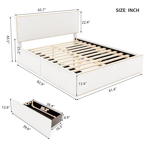 HBRR Queen Bed Frame with 4 Drawers, Upholstered Platform Queen Size Bed with Headboard Footboard, Wooden Slats Support, No Box Spring Needed, Easy Assembly, White