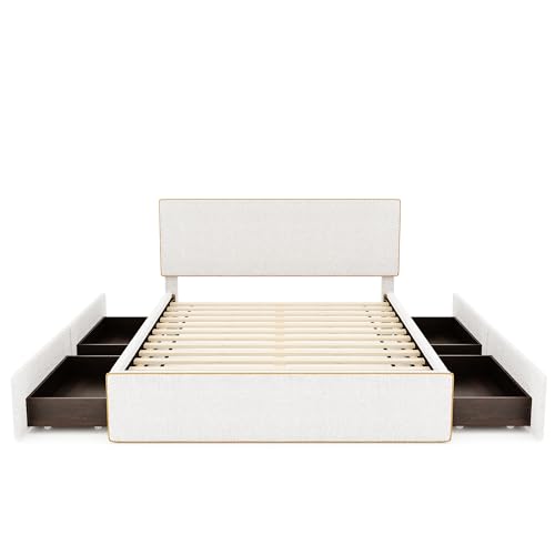 HBRR Queen Bed Frame with 4 Drawers, Upholstered Platform Queen Size Bed with Headboard Footboard, Wooden Slats Support, No Box Spring Needed, Easy Assembly, White