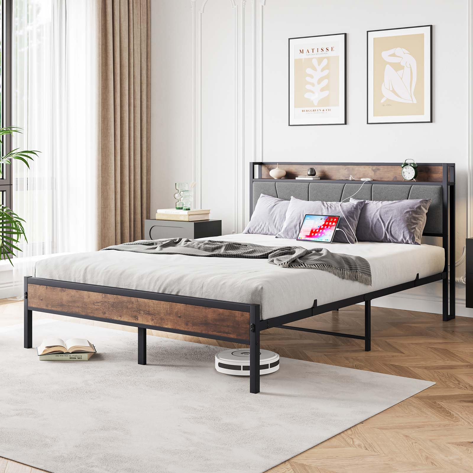 Shuoya Jewelry Queen Size Metal Platform Bed Frame with Storage and Charging Station Headboard, Heavy Duty Steel Slated Support, No Box Spring Needed, Noise-Free, Easy Assembly, Rustic Brown (Queen)