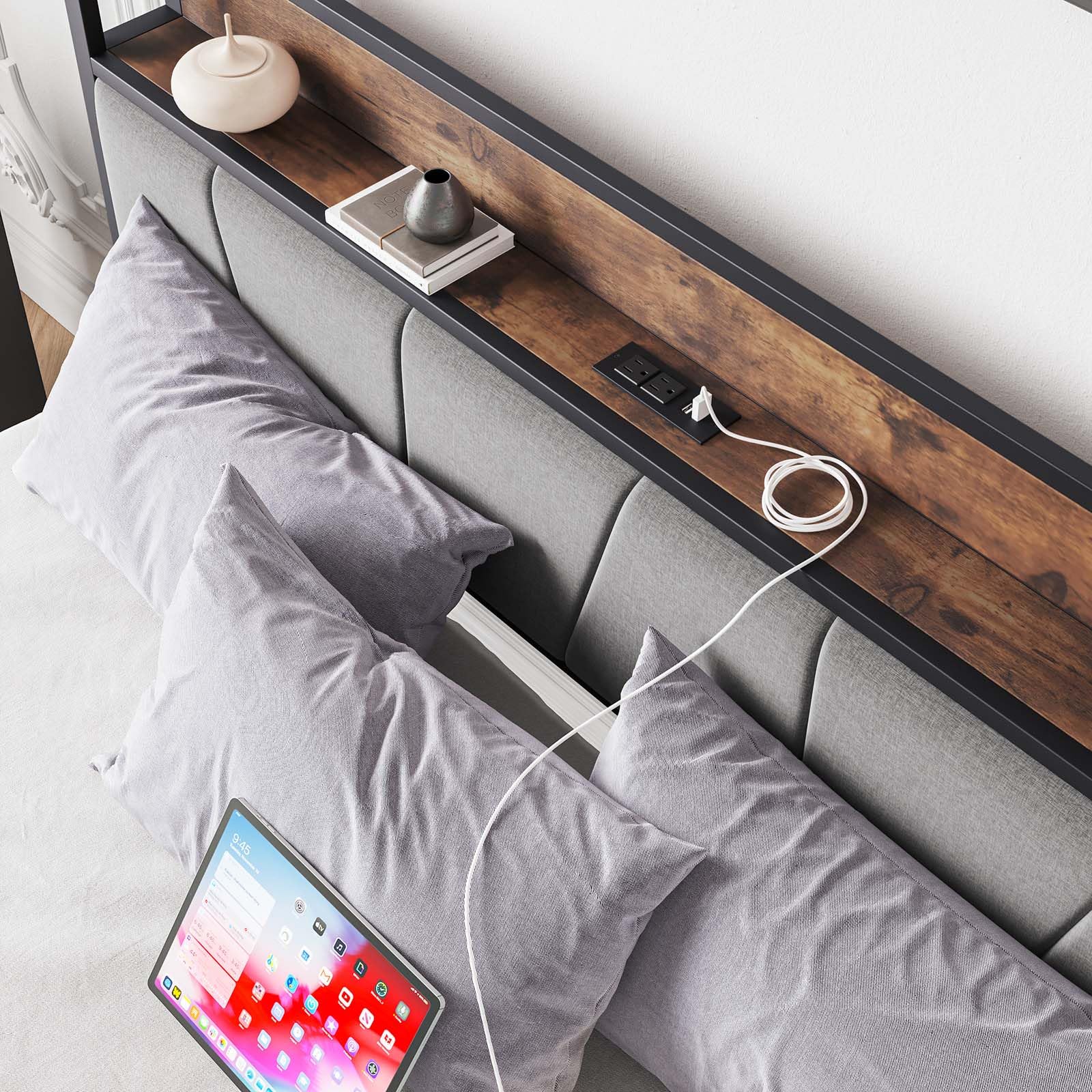 Shuoya Jewelry Queen Size Metal Platform Bed Frame with Storage and Charging Station Headboard, Heavy Duty Steel Slated Support, No Box Spring Needed, Noise-Free, Easy Assembly, Rustic Brown (Queen)