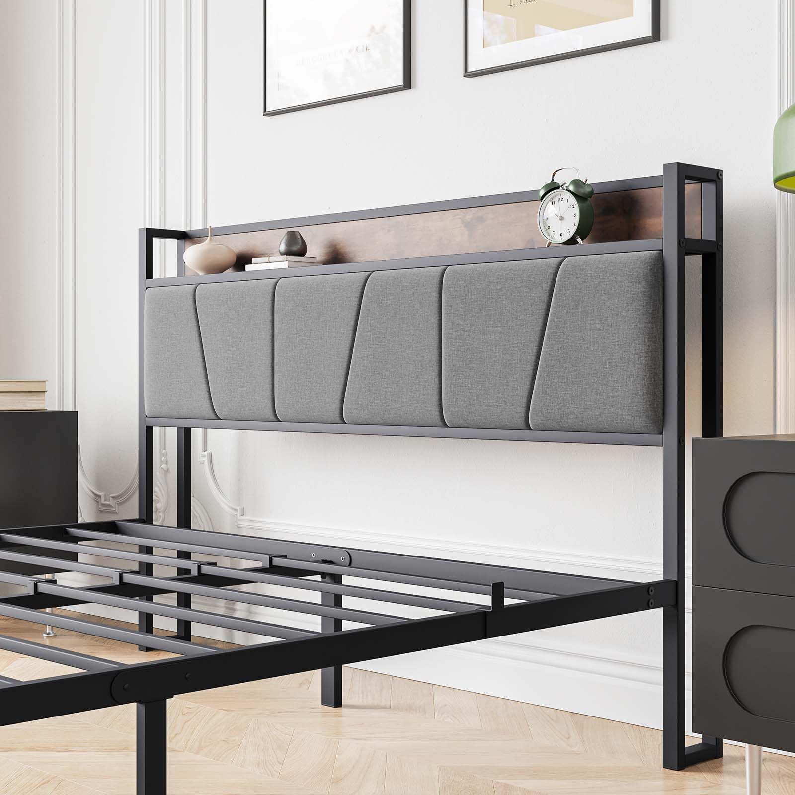 Shuoya Jewelry Queen Size Metal Platform Bed Frame with Storage and Charging Station Headboard, Heavy Duty Steel Slated Support, No Box Spring Needed, Noise-Free, Easy Assembly, Rustic Brown (Queen)