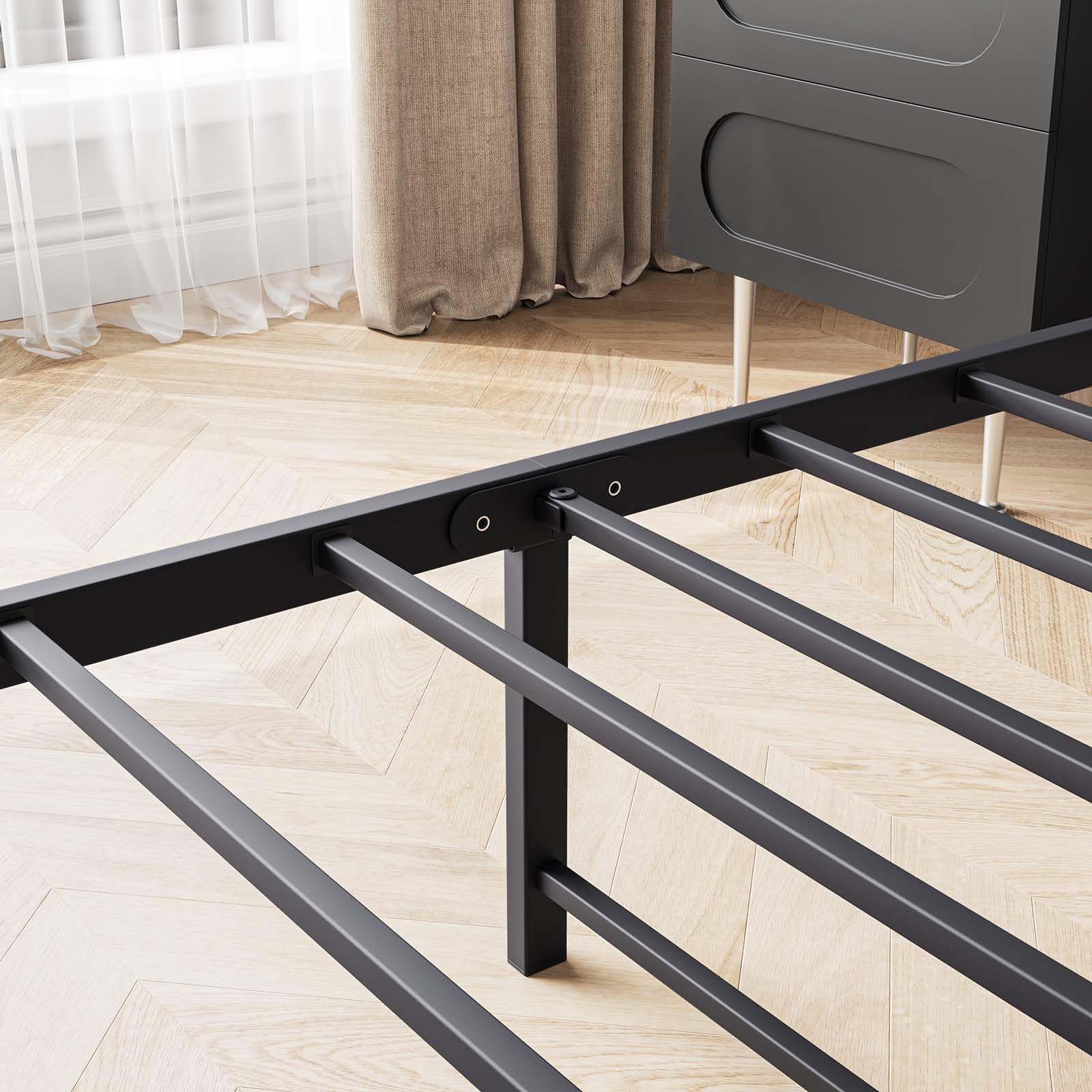Shuoya Jewelry Queen Size Metal Platform Bed Frame with Storage and Charging Station Headboard, Heavy Duty Steel Slated Support, No Box Spring Needed, Noise-Free, Easy Assembly, Rustic Brown (Queen)