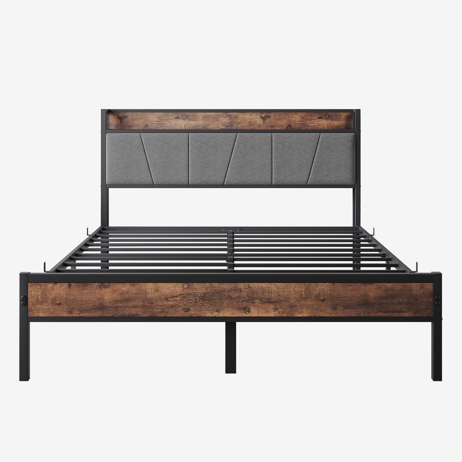 Shuoya Jewelry Queen Size Metal Platform Bed Frame with Storage and Charging Station Headboard, Heavy Duty Steel Slated Support, No Box Spring Needed, Noise-Free, Easy Assembly, Rustic Brown (Queen)