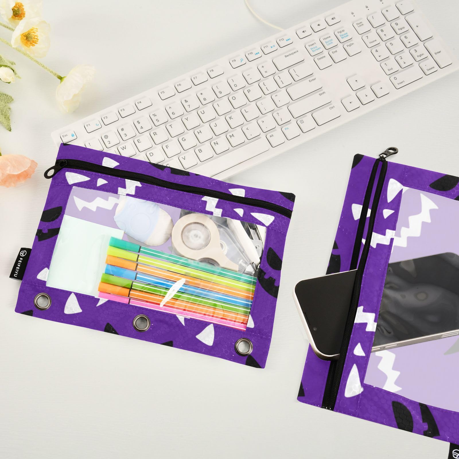 MCHIVER Halloween Face Purple Pencil Pouch for 3 Ring Binder Pencil Case with Zipper Clear Window Pencil Bags for Office Daily 2 Pack