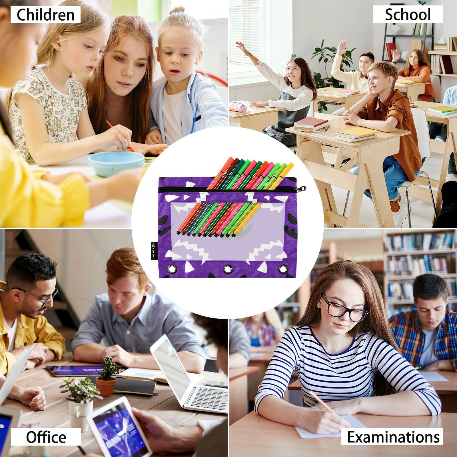 MCHIVER Halloween Face Purple Pencil Pouch for 3 Ring Binder Pencil Case with Zipper Clear Window Pencil Bags for Office Daily 2 Pack