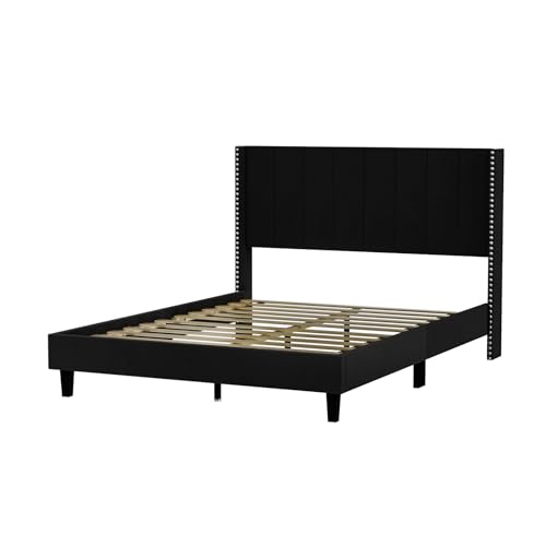 Queen Size Velvet Upholstered Platform Bed Frame with Vertical Channel Tufted Headboard, Soft Velvet Platform Bed with Solid Wood Slat Support for Bedroom Boys Girls Adults Teens, Noise Free, Black