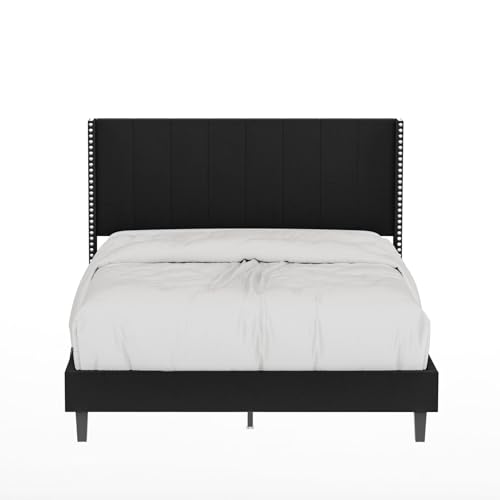 Queen Size Velvet Upholstered Platform Bed Frame with Vertical Channel Tufted Headboard, Soft Velvet Platform Bed with Solid Wood Slat Support for Bedroom Boys Girls Adults Teens, Noise Free, Black