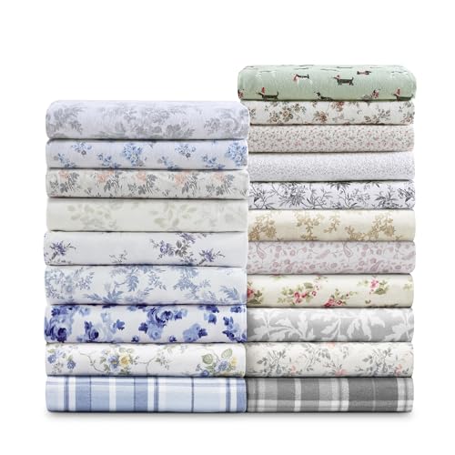 Laura Ashley - Full Sheet Set, Cotton Flannel Bedding, Brushed for Extra Softness & Comfort (Le Fleur Orange, Full)