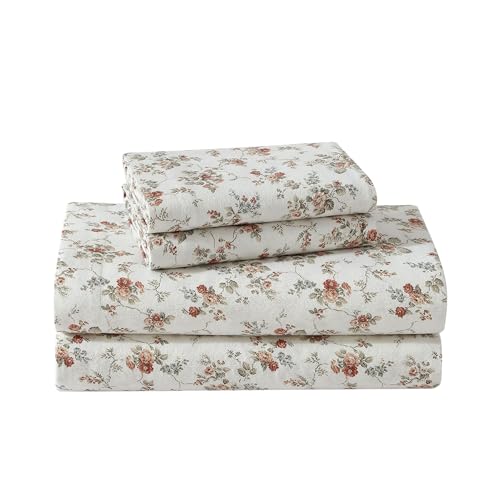 Laura Ashley - Full Sheet Set, Cotton Flannel Bedding, Brushed for Extra Softness & Comfort (Le Fleur Orange, Full)