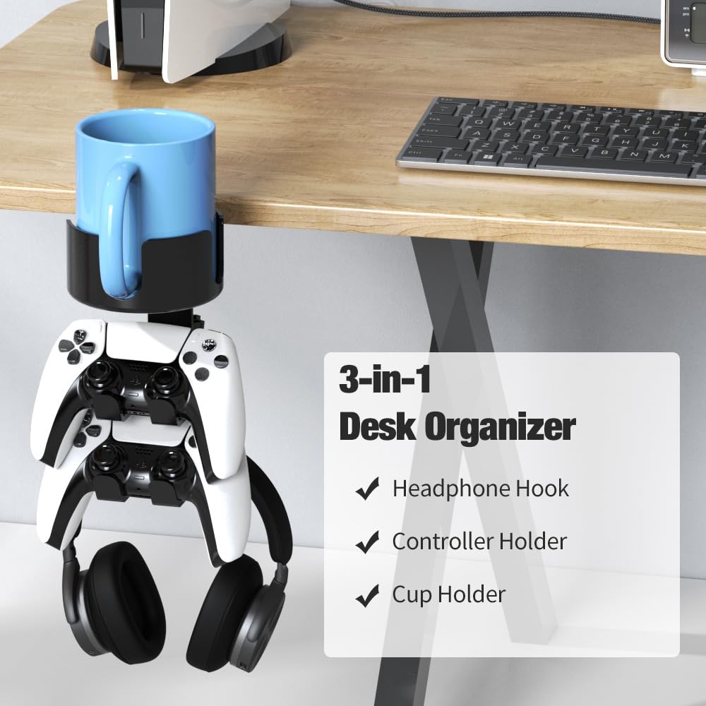 360° Rotating Controller Headphone Holder - Larger Desk Cup Holder with Adjustable Headset Hanger Controller Stand | Clamp On Desk Organizer | Gaming Pc Accessories
