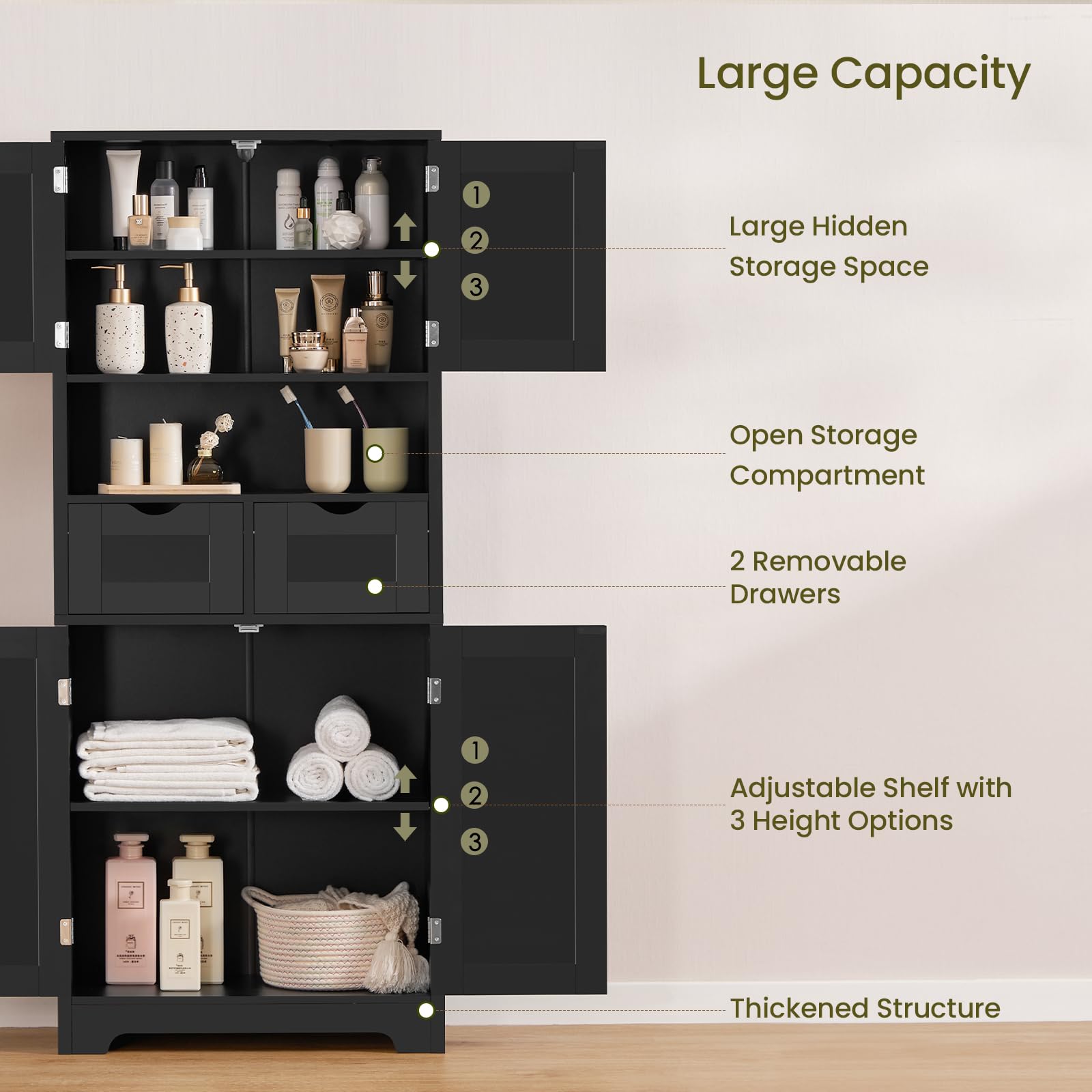 Iwell Tall Storage Cabinet with Adjustable Shelf, Bathroom Cabinet with 2 Drawers, Linen Cabinet for Living Room, Black