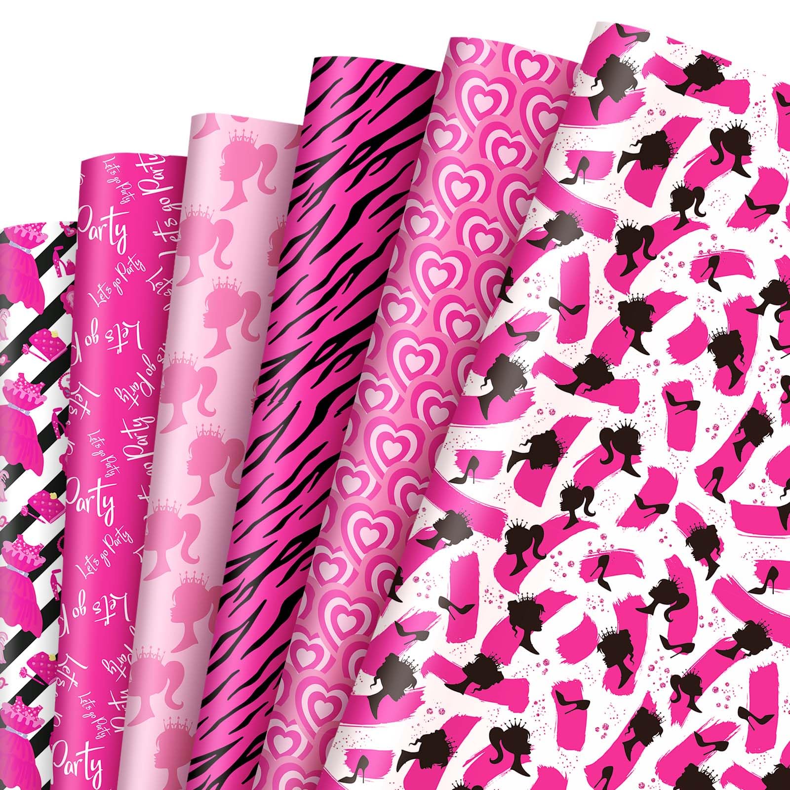 Whaline 12 Sheets Pink Girls Princess Wrapping Paper 19.7 x 27.6 Inch Hot Pink Girls Hearts Sweet Style Wrapping Paper Assorted Pink Girl Gift Wrap Paper for Birthday Baby Shower Wedding Party