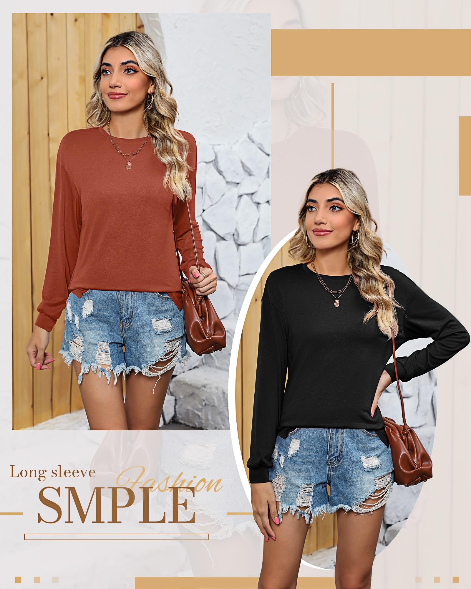 Ficerd 2 Pack Women's Long Sleeve Shirts, Casual Loose Fit Tunic Tops Crew Neck Trendy Tee Solid Color Pullover Shirts (Black, Pumpkin,X Large)