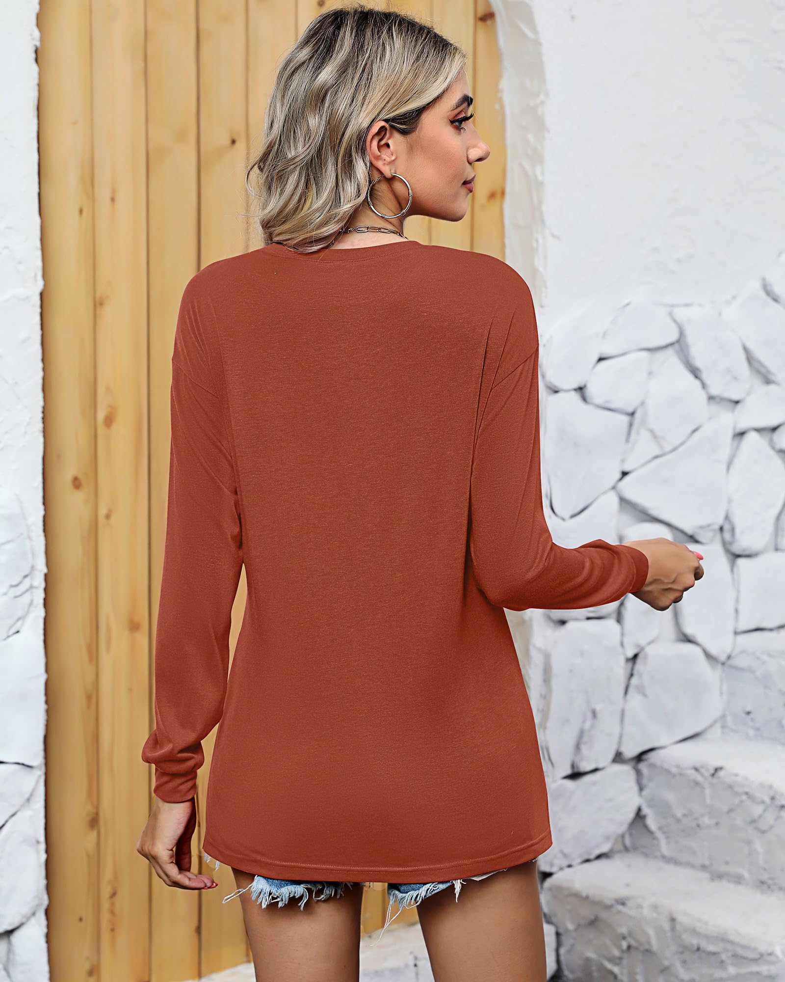 Ficerd 2 Pack Women's Long Sleeve Shirts, Casual Loose Fit Tunic Tops Crew Neck Trendy Tee Solid Color Pullover Shirts (Black, Pumpkin,X Large)