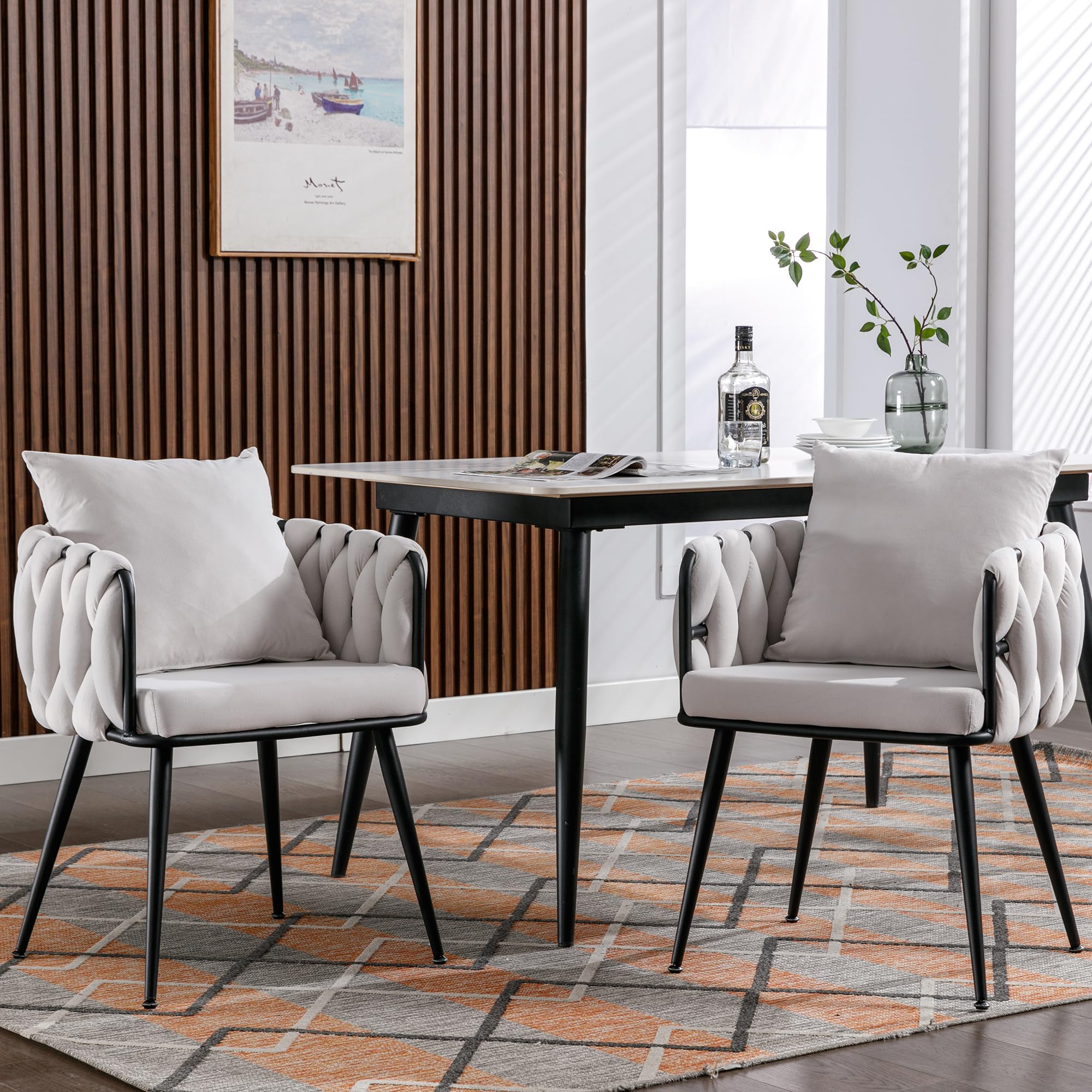 Gecheer Pure Ivory Modern Velvet Dining Chairs Set of 2 Hand Weaving Accent Chairs Living Room Chairs Upholstered Side Chair with Black Metal Legs for Dining Room Kitchen Vanity Living Room