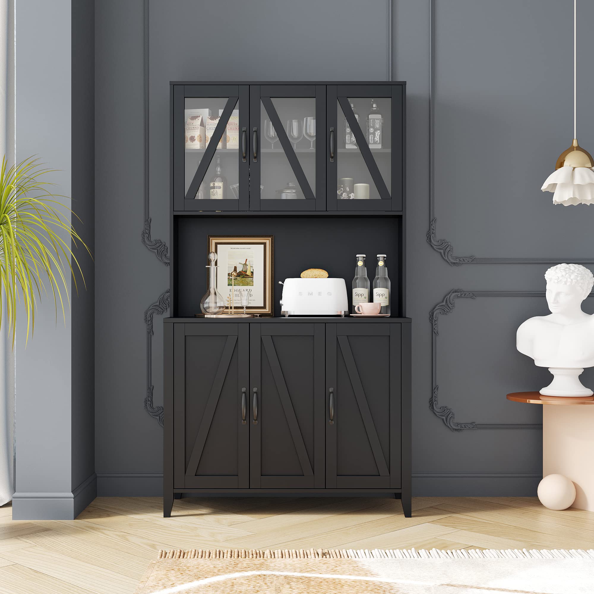 DHHU Tall, Large Pantry Storage Glass Doors, Drawers & Open Shelves, Freestanding Kitchen Cupboard Buffet Cabinet for Living Room, Black