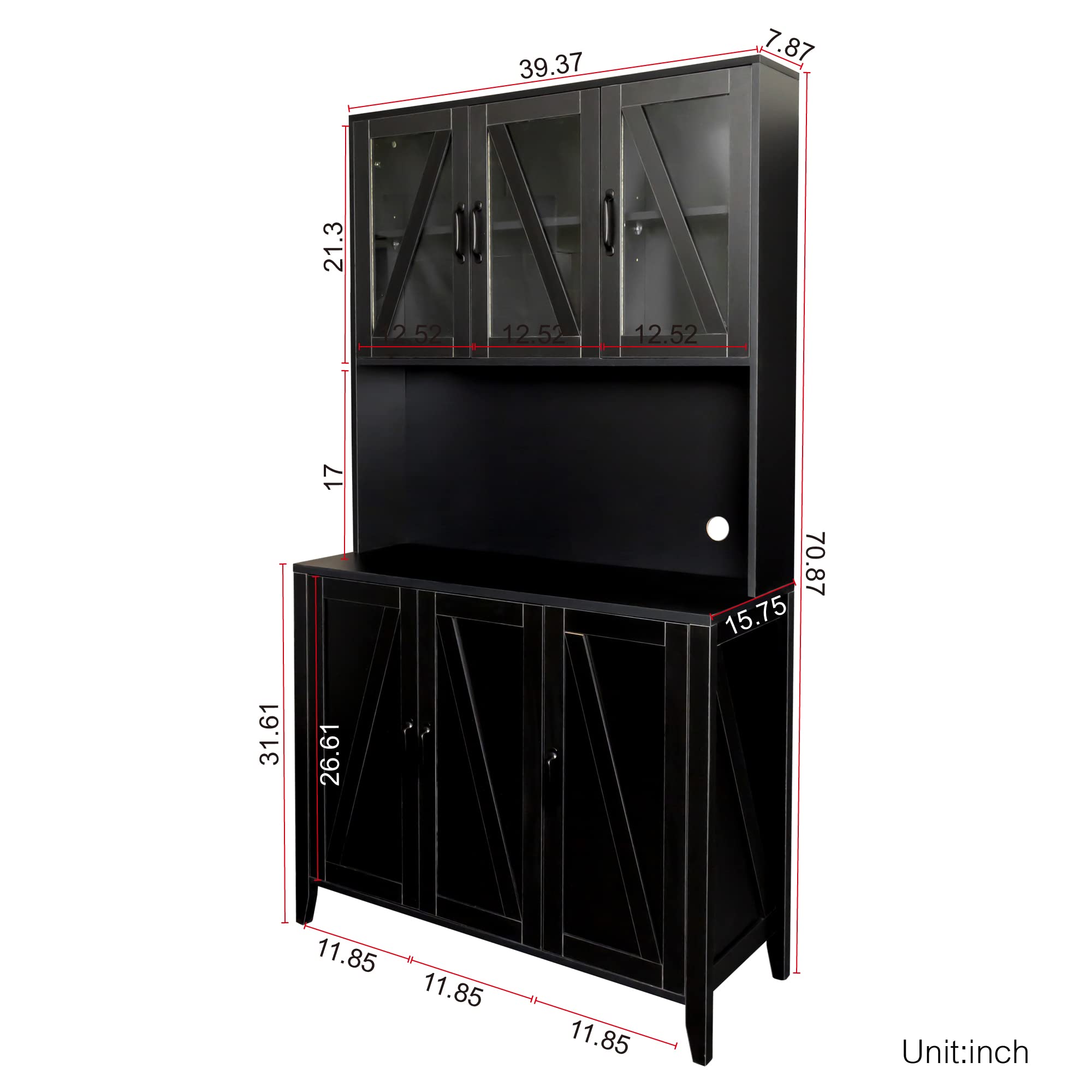 DHHU Tall, Large Pantry Storage Glass Doors, Drawers & Open Shelves, Freestanding Kitchen Cupboard Buffet Cabinet for Living Room, Black
