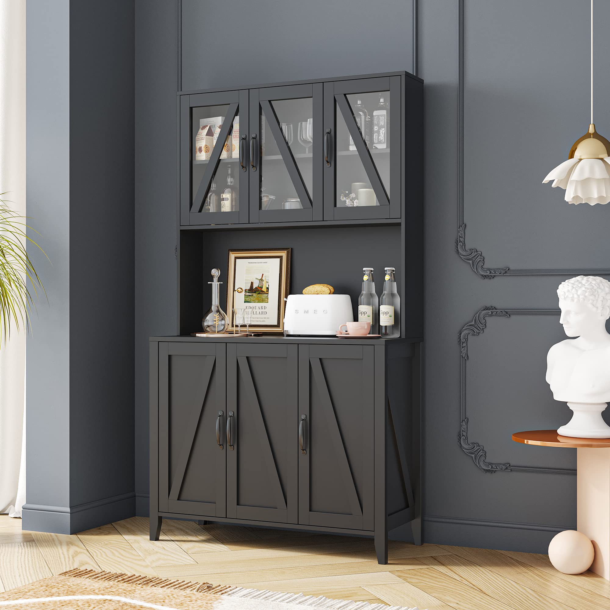 DHHU Tall, Large Pantry Storage Glass Doors, Drawers & Open Shelves, Freestanding Kitchen Cupboard Buffet Cabinet for Living Room, Black