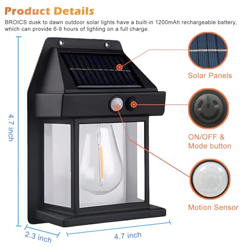 2 Pack Solar Wall Lights outdoor, Wireless Solar Outdoor Lights Wall Tungsten Lights with 3 Modes & Motion Sensor Solar Powered Porch Lights for Yard, Patio, Driveway, Garden, Fence Security Lamp