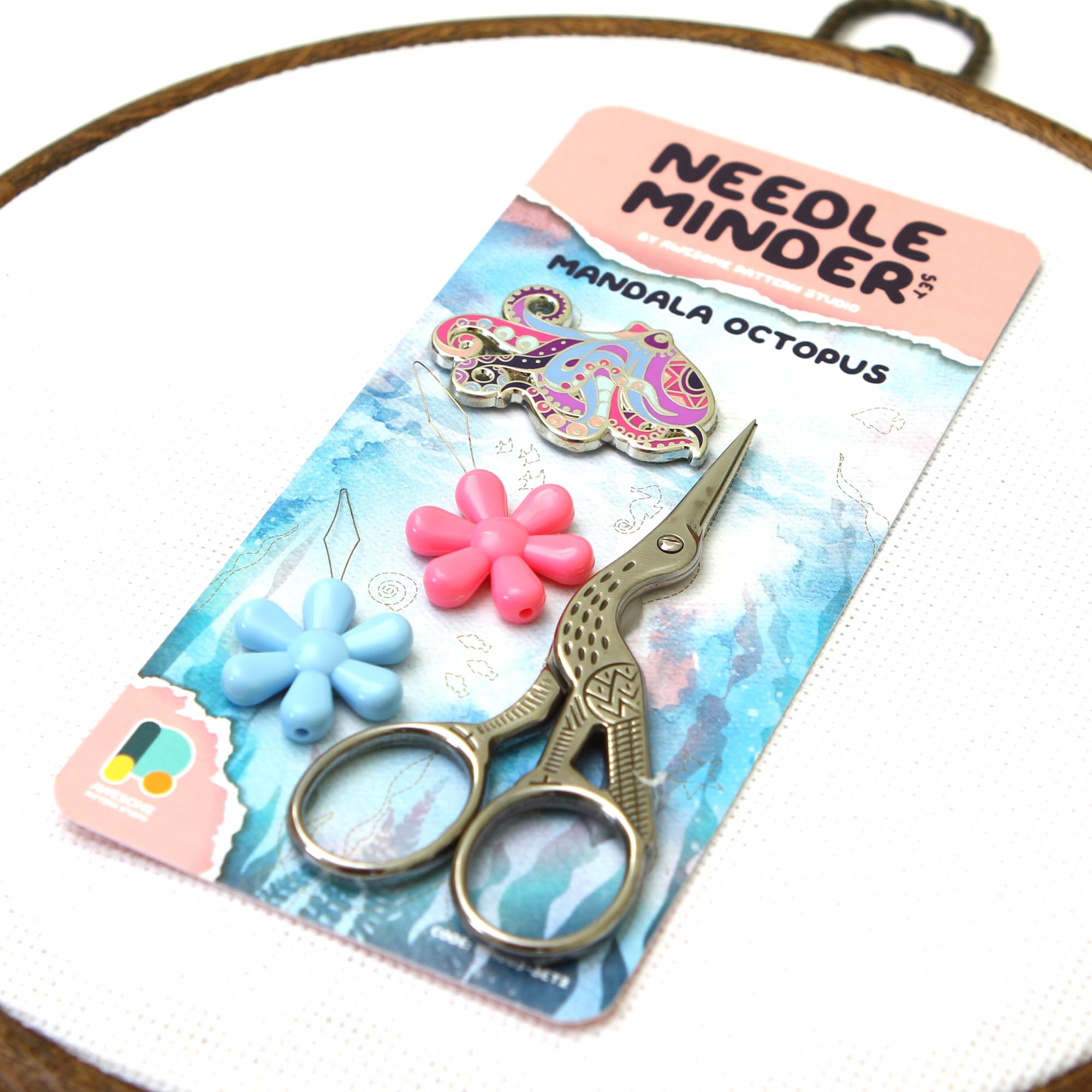 Awesome Pattern Studio Needle Minder Set - Mandala Octopus Magnetic Needle Minder + 2 Needle Threaders + Crane Scissors. Enamel Pin for Cross Stitch, Embroidery and Craft