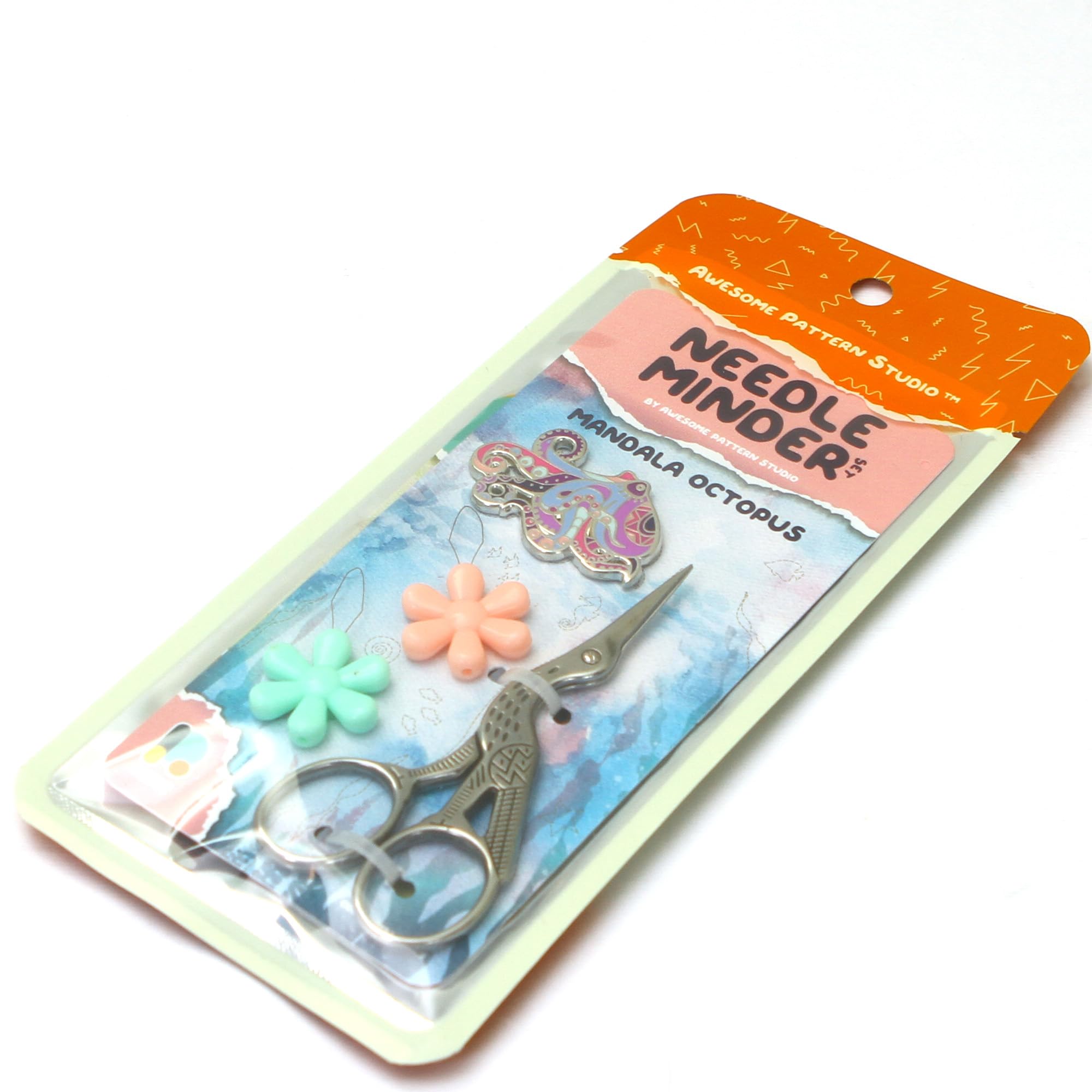 Awesome Pattern Studio Needle Minder Set - Mandala Octopus Magnetic Needle Minder + 2 Needle Threaders + Crane Scissors. Enamel Pin for Cross Stitch, Embroidery and Craft
