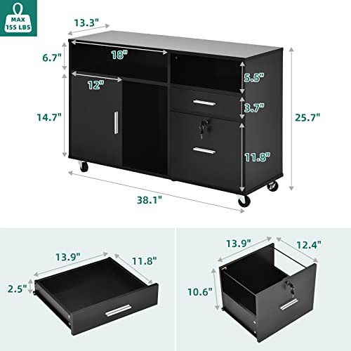 YITAHOME Wood Lateral File Cabinet, 2 Drawer Mobile Storage Cabinet, Fits A4, Letter Size Files, Printer Stand with Open Storage Shelves, Modern Filing Cabinet for Home Office, Black