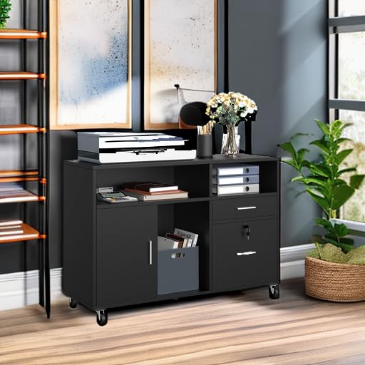 YITAHOME Wood Lateral File Cabinet, 2 Drawer Mobile Storage Cabinet, Fits A4, Letter Size Files, Printer Stand with Open Storage Shelves, Modern Filing Cabinet for Home Office, Black