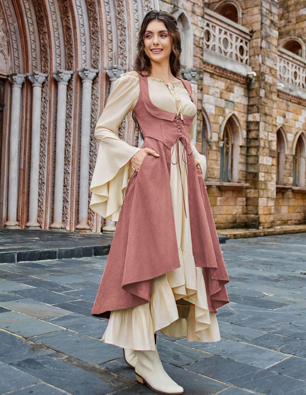 Scarlet Darkness Renaissance Dress Women Costume Medieval Pirate Peasant Underbust Dress Dusty Rose L