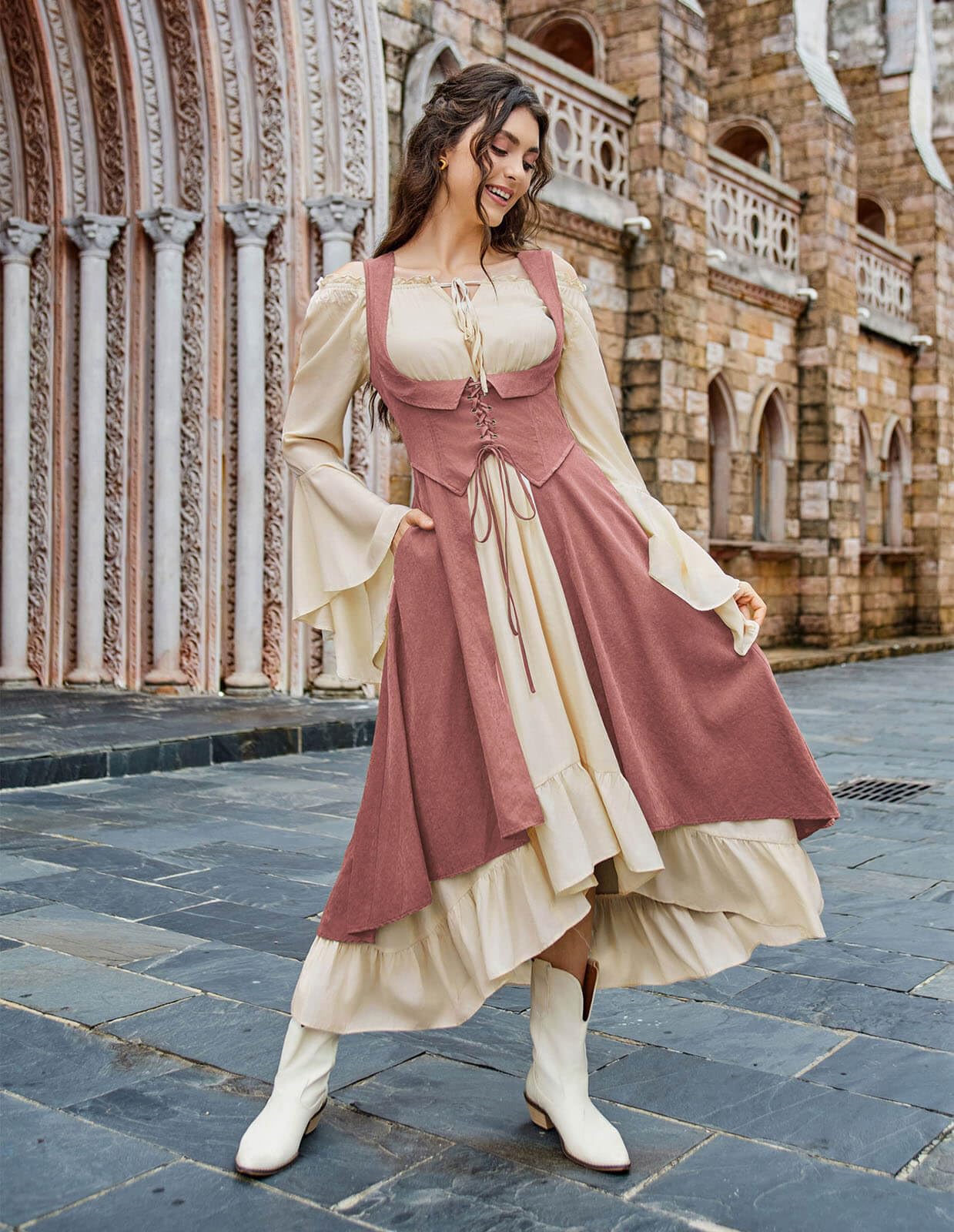 Scarlet Darkness Renaissance Dress Women Costume Medieval Pirate Peasant Underbust Dress Dusty Rose L