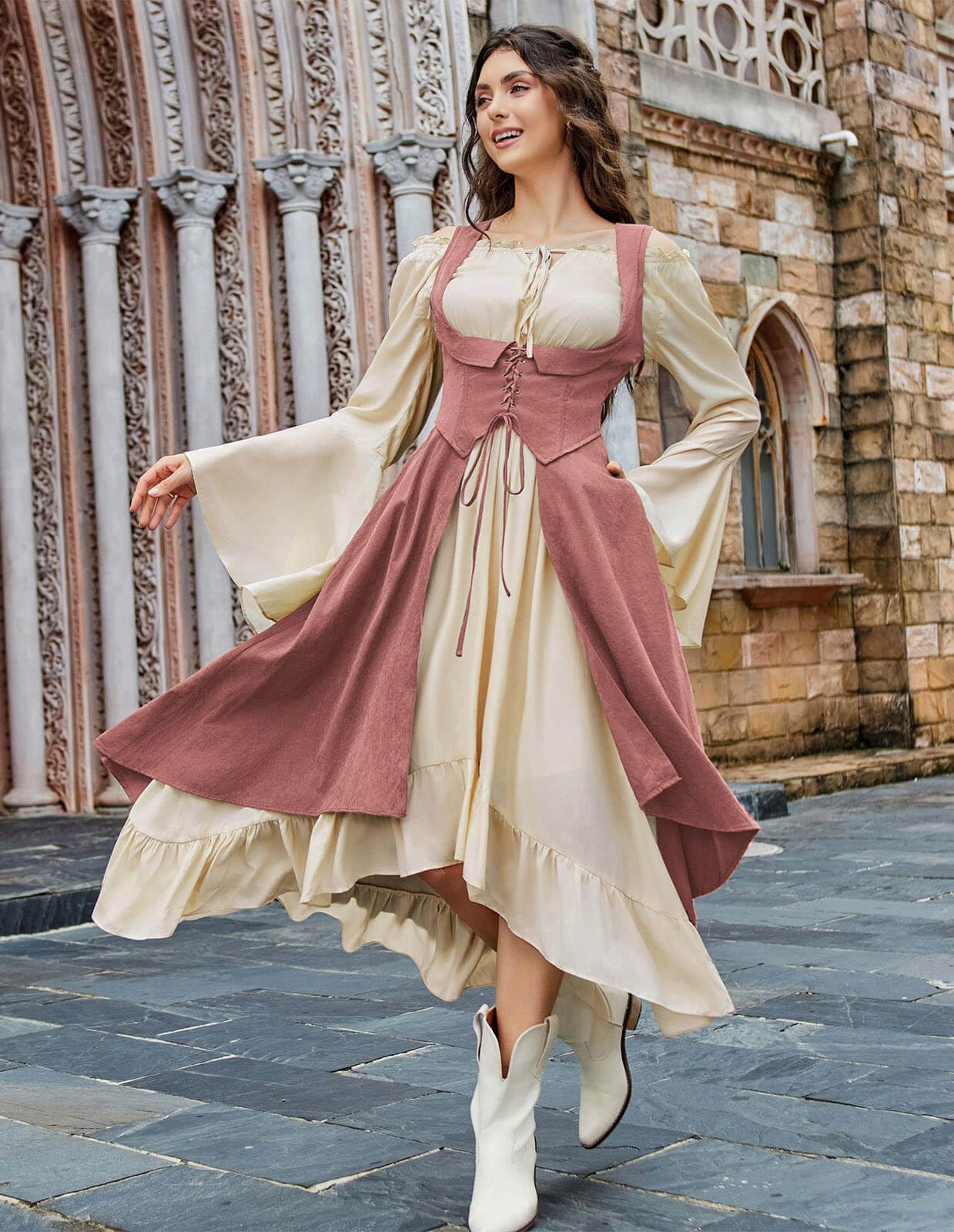 Scarlet Darkness Renaissance Dress Women Costume Medieval Pirate Peasant Underbust Dress Dusty Rose L